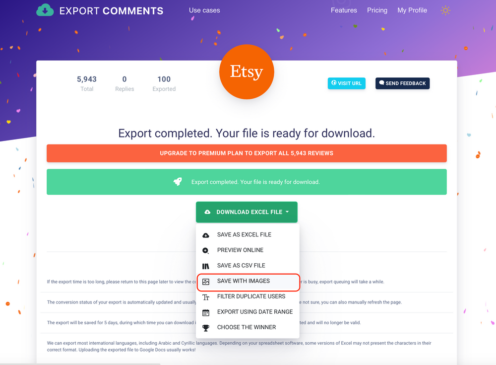 How to export Etsy Reviews
